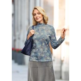 Rundhalspullover GOLDNER "Floraler Strickpullover mit Stehkragen", Damen, Gr. 54, blau (rauchblau, gemustert), Obermaterial: 65% Polyester PES. 35% Viskose CV., Pullover Rundhalspullover, hoher Baumwollanteil