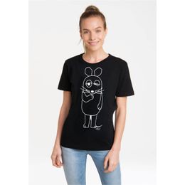 T-Shirt logoshirt "Maus - Outline", Damen, Gr. XL, schwarz, 100% Baumwolle, unifarben, normal, Rundhals, Shirts T-Shirt, mit coolem Print