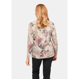Print-Shirt GOLDNER "Kurzgr&ouml;&szlig;e Florales Blusenshirt mit V-Ausschnitt", Damen, Gr. 19, lila (lila, gemustert), Obermaterial: 65% Polyester PES. 35% Viskose CV., figurumspielend, Shirts Print-Shirt, Bl&uuml;tendessin in filigraner Patchoptik