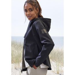 Softshelljacke ELBSAND, Damen, Gr. L/40, dunkelblau, Web, Obermaterial: 85% Polyester, 15% Elasthan. Futter: 100% Polyester, h&uuml;ftlang, Jacken Softshelljacke, mit verstellbarer Kapuze