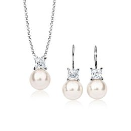 Ohrring und Ketten Set NENALINA "Schmuckset Zirkonia Synthetische Perle 925 Silber" Gr. 50, silber, Schmuck_Sets, Damen, Blacklist, Silber 925 (Sterlingsilber), Ohrring und Ketten Set