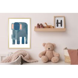 Bild mit Rahmen queence "Blauer Elefant", blau (farbe rahmen: natur, braun, beige, farbe bild(er): blau), B:50cm H:70cm T:1,5cm, Holz, Plexiglas, Bilder, Bild mit Rahmen, HD Premium Posterdruck mit Echtholzrahmen