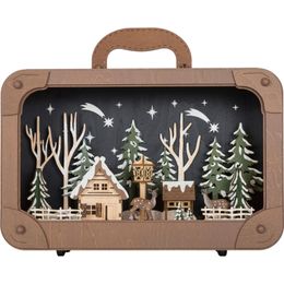 Dekoobjekt "Koffer mit LED-Dekoration, Weihnachtsdeko aus Holz", braun (braun, bunt), B:35cm H:29cm T:8,5cm, Holzwerkstoff, MyFlair M&Ouml;BEL & ACCESSOIRES, Dekofiguren, Dekoobjekt, Dekolicht mit Weihnachtsdorf in verschneiter Landschaft
