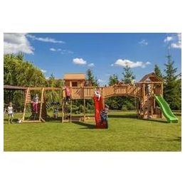 Spielturm Fungoo "MAXI SET SPIDER LAND", rot (rot, gr&uuml;n), Spielt&uuml;rme, KinderB:575cm H:305cm T:955cm, Holz, Metall, Polyethylen, mit Schaukel & Rutsche, Klettererweiterung, B:575cm H:305cm T:955cm