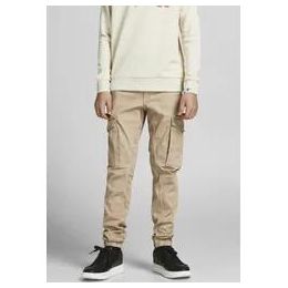 Jack & Jones Cargohose JACK & JONES JUNIOR "JPSTPAUL JJFLAKE 1075 CROCKERY NOOS JNR", Jungen, Gr. 140, N-Gr, beige (crockery), Web, Obermaterial: 98% Baumwolle, 2% Elasthan, unifarben, Basic, slim fit normal, Hosen Cargohose