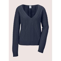 Madeleine Mode Longpullover MADELEINE "Kaschmirpullover Kaschmirpullover mit V-Ausschnitt", Damen, Gr. 40/42, blau (marine), Obermaterial: 100% Kaschmir WS., Modern, Pullover Longpullover, Zopfmuster