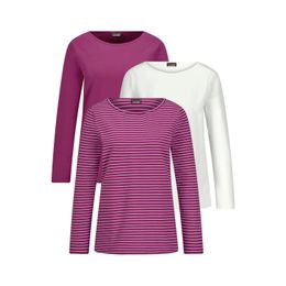 Kurzarmshirt GOLDNER "Langarm 3er-Baumwollshirt-Set", Damen, Gr. 48, pink (beere, cremewei&szlig;, beere, geringelt), Obermaterial: 95% Baumwolle CO. 5% Elasthan EL., Modisch, Shirts Kurzarmshirt, U-Boot-Ausschnitt