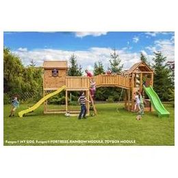 Spielturm Fungoo "MAXI SET SIZED PLAZA", gr&uuml;n (gr&uuml;n, gelb), Spielt&uuml;rme, KinderB:460cm H:305cm T:805cm, Holz, Metall, Polyethylen, mit Schaukel & Rutsche, Klettererweiterung, Spielhaus, Sandkasten, B:460cm H:305cm T:805cm