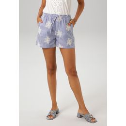Shorts Aniston CASUAL, Damen, Gr. 40, N-Gr, wei&szlig; (blau, wei&szlig;, sand), Web, Obermaterial: 100% Baumwolle, bestickt, gestreift, l&auml;ssig geschnitten kurz, Hosen Shorts, gestreift und aufw&auml;ndig mit Stickerei verziert