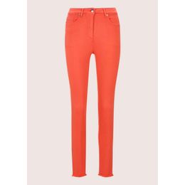 Madeleine Mode Regular-fit-Jeans MADELEINE "Jeans Mid Waist Skinny-Hose mit Fransen", Damen, Gr. 18, K-Gr, orange (blutorange), Obermaterial: 92% Baumwolle CO. 6% Polyester PES. 2% Elasthan EL., Jeans Regular-fit-Jeans