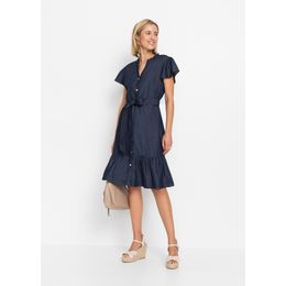 Jeanskleid bonprix, Damen, Gr. 36, N-Gr, blau denim used, Denim/Jeans, Obermaterial: 100% Baumwolle, figurbetont, Kleider, f&uuml;r warme Tage, Kurzarm, aus Baumwolle, figurbetont