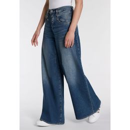 5-Pocket-Jeans Herrlicher "Shyra Palazzo Denim", Damen, Gr. 32, N-Gr, real blau, Denim/Jeans, Obermaterial: 99% Baumwolle, 1% Elasthan, weit lang, Jeans 5-Pocket-Jeans, mit besonders weitem Bein