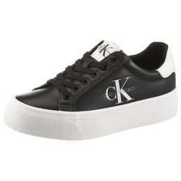 Plateausneaker Calvin Klein "VULC FLATFORM LACEUP LOW LTH", Damen, Gr. 38, schwarz, wei&szlig;, Leder, Lederimitat, unifarben mit Farbeinsatz, Basic, Schuhe Plateausneaker, Schn&uuml;rschuh, Halbschuh, Freizeitschuh mit seitlichem Logoschriftzug