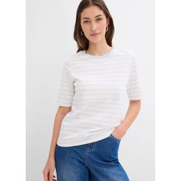 T-Shirt bonprix, Damen, Gr. 40/42 (M), wollwei&szlig;, zartblau gestreift, Jersey, Obermaterial: 100% Baumwolle, geringelt, gestreift, bequem h&uuml;ftbedeckend, Rundhals, Shirts T-Shirt, Halbarm, aus reiner Baumwolle