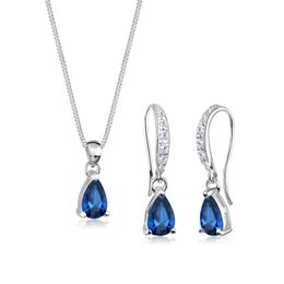 Ohrring und Ketten Set Elli "Schmuckset Tropfen Zirkonia Synthetischer Saphir Blau 925 Sterling Silber" Gr. 45, blau, Schmuck_Sets, Damen, Blacklist, Silber 925 (Sterlingsilber), Ohrring und Ketten Set