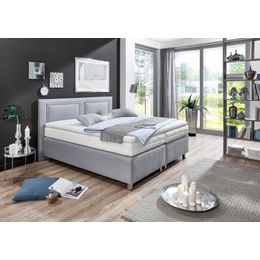 Boxspringbett, grau (hellgrau), Strukturstoff, Liegefl&auml;che B/L: 140cm x 200cm, H2, 7-Zonen-Kaltschaummatratze, Bezug Topper 100% Polyester, waschbar bis 60C;Bezug Unterbox und Kopfteil: Strukturstoff (77% Polyester und 23% Viskose);Zierkissen: gef&uuml;llt mit Hohlfaser-Polyesterwatte (100% Polyester), Bezug aus 100% Polyester;Bezug Obermatratze 100% Polyester, waschbar bis 60C, Westfalia Schlafkomfort