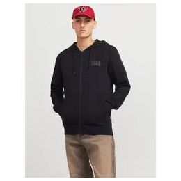 Jack & Jones Kapuzensweatjacke JACK & JONES "JJECORP LOGO SWEAT ZIP HOOD", Herren, Gr. XS, schwarz (schwarz detail:small print, schwarz), angeraute Sweatware, Obermaterial: 70% Baumwolle, 30% Polyester, unifarben, regular fit h&uuml;ftbedeckend, Rundhals, Rippb&uuml;ndchen, Sweatjacken