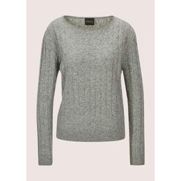 Madeleine Mode Longpullover MADELEINE "Strickpullover Eleganter Wollpullover mit Zopfmuster", Damen, Gr. 36/38, grau (steingrau, melange), Obermaterial: 100% Schurwolle WV., Modern, Pullover Longpullover, Allover-Zopfmuster