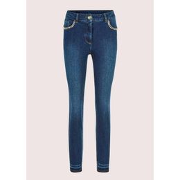 Madeleine Mode Regular-fit-Jeans MADELEINE "Jeans Slim Fit Jeans mit Kettendetails", Damen, Gr. 19, K-Gr, blau (dunkelblau), Obermaterial: 92% Baumwolle CO. 6% Elastomultiester ELE. 2% Elasthan EL., Jeans Regular-fit-Jeans