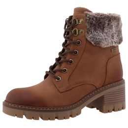 Winterstiefelette Tom Tailor, Damen, Gr. 37, braun (cognac), Lederimitat, Textil, used, Schuhe Winterstiefelette, Workerboots, Plateaustiefelette mit Blockabsatz