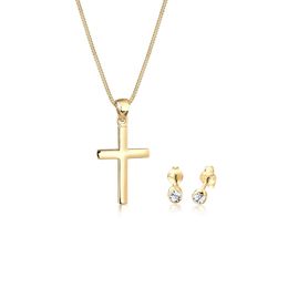 Ohrring und Ketten Set Elli "Schmuckset Kette Kreuz und Stecker 925 Silber, mit Kristallen von Swarovski" Gr. 45, gold, Schmuck_Sets, Damen, 45, Ohrring und Ketten Set