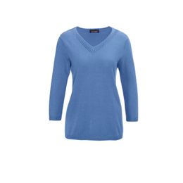 Rundhalspullover GOLDNER "Unkomplizierter Pullover mit V-Ausschnitt", Damen, Gr. 38, blau (jeansblau), Obermaterial: 50% Baumwolle CO. 50% Polyacryl PAN., Rippe, Pullover Rundhalspullover, Mit h&uuml;bschen Ajourdetails am V-Ausschnitt