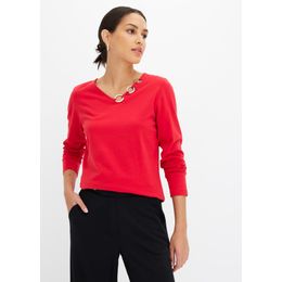 Langarmshirt bonprix, Damen, Gr. 44/46 (L), rot, Jersey, Obermaterial: 95% Baumwolle, 5% Elasthan, unifarben, bequem h&uuml;ftbedeckend, V-Ausschnitt, Shirts Langarmshirt, bequeme Passform, Langarm, tolle &Ouml;sen-Details