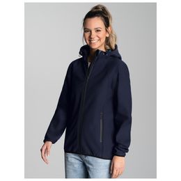 Softshelljacke TRIGEMA "TRIGEMA Taillierte Softshell&ndash;Kapuzenjacke", Damen, Gr. M, blau (navy), Stoff, 88% Polyamid, 12% Elastan, lang, Jacken Softshelljacke