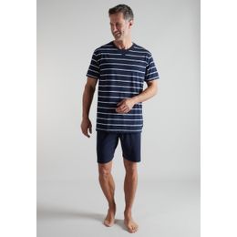 Shorty Bugatti, Herren, Gr. 54, blau, dunkel, ringel, Single Jersey, Obermaterial: 60% Baumwolle, 40% Polyester, bequem kurz, Rundhals, gerader Abschluss, Homewear-Sets Shorty, Kurzarm, Rundhalsausschnitt, kurze Hose, gestreift, Baumwollmix