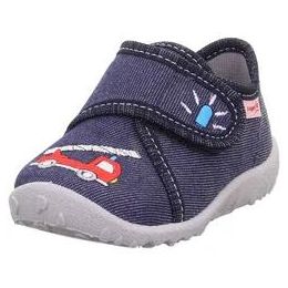 Hausschuh Superfit "SPOTTY WMS: mittel", M&auml;dchen, Gr. 21, blau (dunkelblau feuerwehrauto), Baumwolle, Polyester, bestickt, Schuhe Hausschuh, Kindergartenschuh mit buntem Muster, Gr&ouml;&szlig;enschablone zum Download