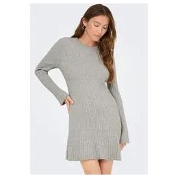 Minikleid Only "ONLMICHELLA LS O-NECK DRESS KNT", Damen, Gr. S, N-Gr, grau (medium grau melange), Rippstrick, Obermaterial: 50% Viskose, 27% Nylon, 23% Polyester, unifarben, kurz, Rundhals, gewellter Abschluss, Kleider Minikleid, Sommerkleid