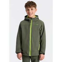 Softshelljacke CMP "KID SOFTSHELL JACKET FIX HOOD", Jungen, Gr. 128, oil gr&uuml;n, Softshell, Obermaterial: 96% Polyester, 4% Elasthan. Futter: 100% Polyester. Innenseite: 100% Polyester, hoch geschlossener Ausschnitt, eingesetzt,mit &Auml;rmeleinsatz angesetztes B&uuml;ndchen mit Klettverschluss,verstellbar, Jacken Softshelljacke, mit Clima Protect Membran, wasserabweisend, atmungsaktiv