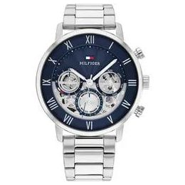 Multifunktionsuhr Tommy Hilfiger "CLASSIC", silber (silberfarben, dunkelblau), Armbanduhren, Damen, Quarzuhr, Armbanduhr, Herrenuhr, Datum, Edelstahlarmband