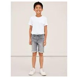 Jeansshorts name it "NKMSILAS SLIM DNM L SHORT", Jungen, Gr. 176, N-Gr, grau (medium, grau), Denim/Jeans, Obermaterial: 72% Baumwolle, 26% Polyester, 2% Elasthan, unifarben, slim fit kurz, Jeans Jeansshorts, Baumwollmischung, Stretch, Umschlagsaum