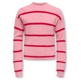 Strickpullover KIDS Only "KOGFRANCA SHORT L/S STRIPE KNT NOOS", Kinder, Gr. 122/128, rosa (sea pink stripes:small stripe salsa), Strick, Obermaterial: 50% Viskose, 27% Nylon, 23% Polyester, gestreift, loose fit normal, Rundhals, Rippstrickb&uuml;ndchen, Pullover Strickpullover, Viskosemischung, loose fit
