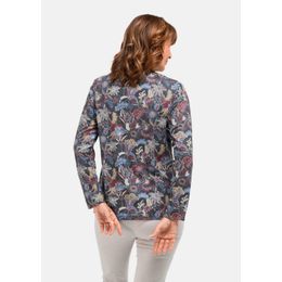 Print-Shirt GOLDNER "Kurzgr&ouml;&szlig;e Weicher Herbstsweater, Rei&szlig;verschluss", Damen, Gr. 21, blau (dunkelblau, dunkelrot, gemustert), Obermaterial: 65% Polyester PES. 35% Viskose CV., figurumspielend, Shirts Print-Shirt, hochwertig bedruckt