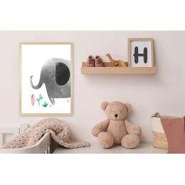 Bild mit Rahmen queence "Grauer Elefant", grau (farbe rahmen: natur, braun, beige, farbe bild(er): grau), B:50cm H:70cm T:1,5cm, Holz, Plexiglas, Bilder, Bild mit Rahmen, HD Premium Posterdruck mit Echtholzrahmen