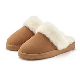 Pantolette Vivance DREAMS "Pantoffeln, Clogs, Schlappen, Hausschuh", Jungen, Gr. 41, camelfarben, Obermaterial: 100% Rindsleder. Decksohle: 100% Lammfell. Futter: 100% Lammfell. Laufsohle: 100% Synthetik, Veloursleder, unifarben, Basic, Schuhe Pantolette, mit kuscheligem Lammfell aus Leder