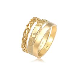 Ring-Set Elli "Ring Bandring Zopfmuster Hammerschlag 3er Set 925 Silber" Gr. 58, gold, Fingerringe, Damen, 58, ohne Stein, Silber 925 (Sterlingsilber), 3mm, Ring-Set