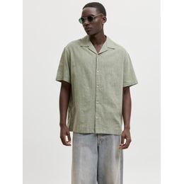 Jack & Jones Kurzarmhemd JACK & JONES "JJESUMMER LINEN BLEND RESORT SHIRT SS SN", Herren, Gr. M, N-Gr, new sage, Web, Obermaterial: 70% Baumwolle, 30% Leinen, unifarben, relaxed fit normal, V-Ausschnitt, Hemden Kurzarmhemd, Baumwollmischung, relaxed fit