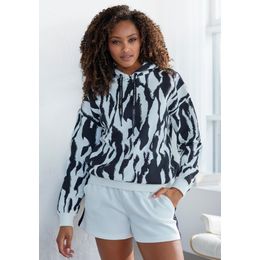 Hoodie French Connection, Damen, Gr. 48/50, schwarz-wei&szlig; (schwarz, wei&szlig; gemustert), Sweatware, Obermaterial: 60% Baumwolle, 40% Polyester, l&auml;ssig geschnitten normal, Rippb&uuml;ndchen, Sweatshirts Hoodie, im Allover Print, Loungewear