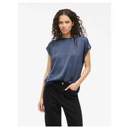 Kurzarmshirt Vila "VIELLETTE S/S SATIN TOP - NOOS", Damen, Gr. 38, blau (vintage indigo), Satin, Obermaterial: 100% Polyester, unifarben, regular fit normal, Rundhals, mit Umschlag, Shirts, Kunstfaser, regular fit