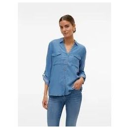 V&eacute;ro Moda Hemdbluse VERO MODA "VMBREE 7/8 SLEEVE LOOSE TENCEL SHIRT GA", Damen, Gr. S, blau (medium blau denim), Obermaterial: 100% Lyocell, unifarben, loose fit h&uuml;ftbedeckend, V-Ausschnitt, Krempel&auml;rmel abgesteppte Kante krempelbar, Blusen Hemdbluse, im Denim-Look und mit Riegel am Arm