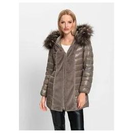Wintermantel Heine, Damen, Gr. 38, grau (dunkeltaupe), 100% Polyester, Fellimitat:100% Polyester, Innenjacke:100% Polyamid, Wattierung:90% Daunen, 10% Federn, unifarben, unifarben mit Farbeinsatz, unifarben mit Farbeins&auml;tzen, M&auml;ntel Wintermantel