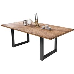 Esstisch Sit, braun (natur, antikschwarz, antikschwarz, natur), B:160cm H:75cm T:90cm, Platte recyceltes Teak, Gestell Metall, Tische, Esstisch, trendiges Kufen-Gestell