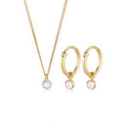 Ohrring und Ketten Set Elli Premium "Schmuckset Kette Creolen Mondstein Stein 925 Silber" Gr. 40, gold, Schmuck_Sets, Damen, Blacklist, Silber 925 (Sterlingsilber), Ohrring und Ketten Set