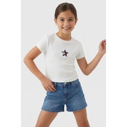 T-Shirt Tommy Hilfiger "STAR FLAG TEE SHORT SLEEVE", M&auml;dchen, Gr. 8 (128), wei&szlig;, Single Jersey, Obermaterial: 93% Baumwolle, 7% Elasthan, unifarben, slim fit normal, Rundhals, abgesteppte Kante, Shirts T-Shirt, Kinder bis 16 Jahre, Logo mit Strass-Steinen