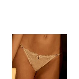 Tanga Lascana "Samara", Damen, Gr. 32/34, braun (toffee), Spitze, Obermaterial: 90% Polyamid, 10% Elasthan, Unterhosen Tanga, mit feiner Satinschleife und extravaganten Strassaccessoires