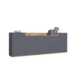 Sideboard OTTO HOME "BOLSENA, Kommode, Schrank,Lowboard mit 8 F&auml;cher und offenes Ablagefach", anthrazit, eiche wotan matt, B:200cm H:71,2cm T:35cm, Sideboards, Sideboard, stehend/h&auml;ngend montierbar, Made in Italy, B/T/H: 200 &times; 35 &times; 71,2 cm