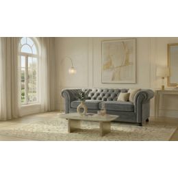3-Sitzer Home Affaire "BRONNOY Chesterfield Sofa mit aufwendiger Knopfheftung, Breite 193 cm", grau, B:193cm H:75cm T:90cm, 100% Polyester, Sofas, 3-Sitzer, Sofa mit geschwungenen Armlehnen, Chesterfield-Optik, Glamour